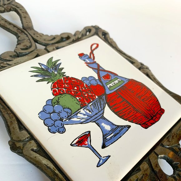 ABB | Kitchen | Vtg Tile Trivet Wine Bottle Fruit Blue Red Abb Cast ...